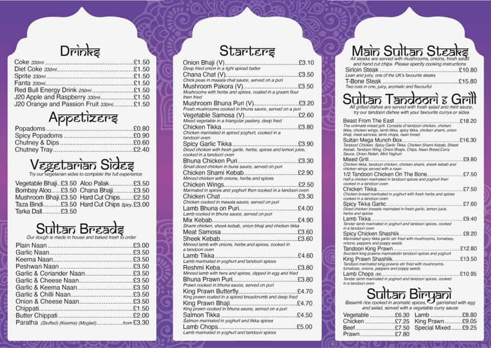 Menu at The Sultan of Jarrow restaurant, Jarrow