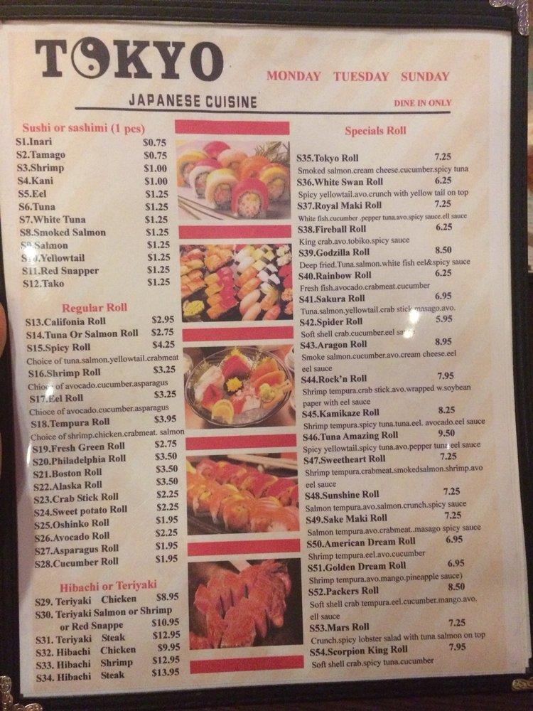 Menu at Tokyo Japanese Cuisine restaurant, Wichita