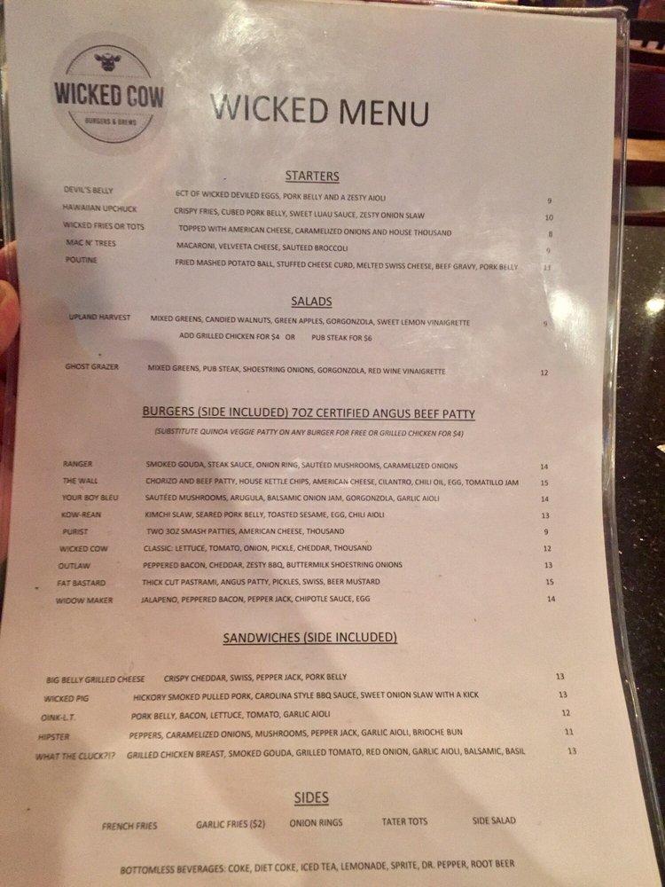 Menu at Wicked Cow Burgers and Brews - Upland restaurant, Upland