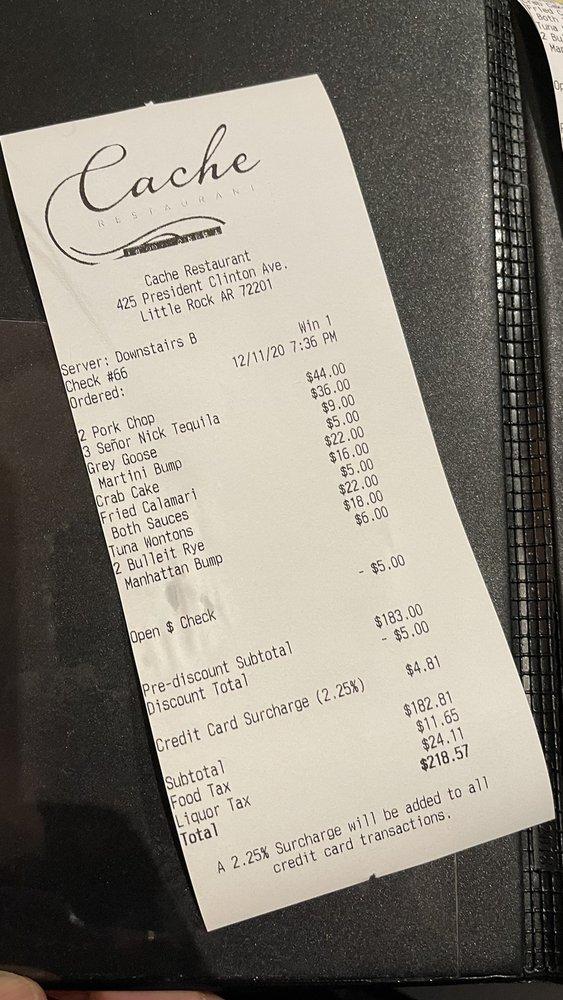 Menu at Cache Restaurant, Little Rock
