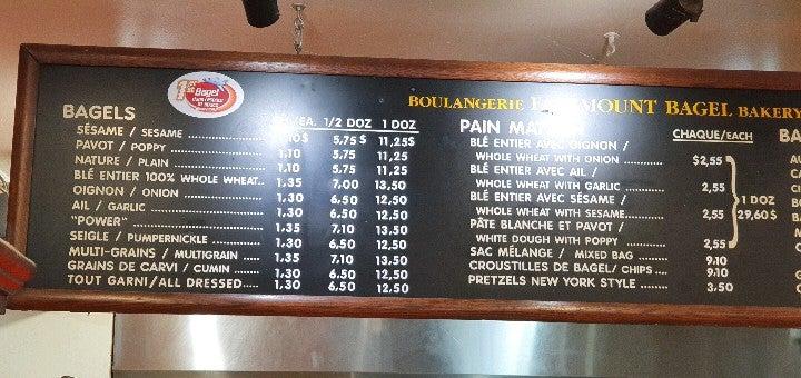 Menu at Fairmount Bagel fast food, Montréal