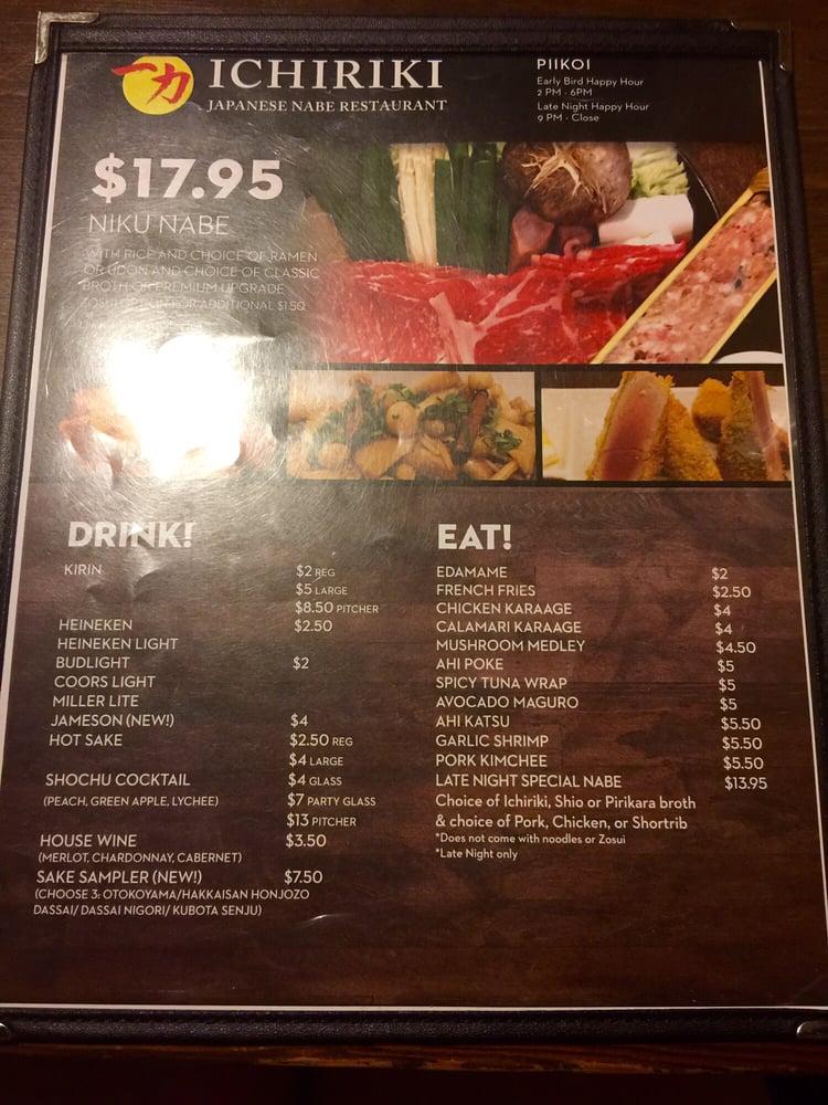 Menu at Ichiriki Japanese Nabe Restaurant, Honolulu, 510 Piikoi St
