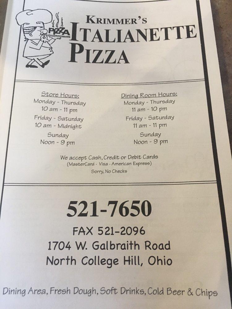Menu at Krimmer's Italianette Pizzeria, Cincinnati, Galbraith Rd