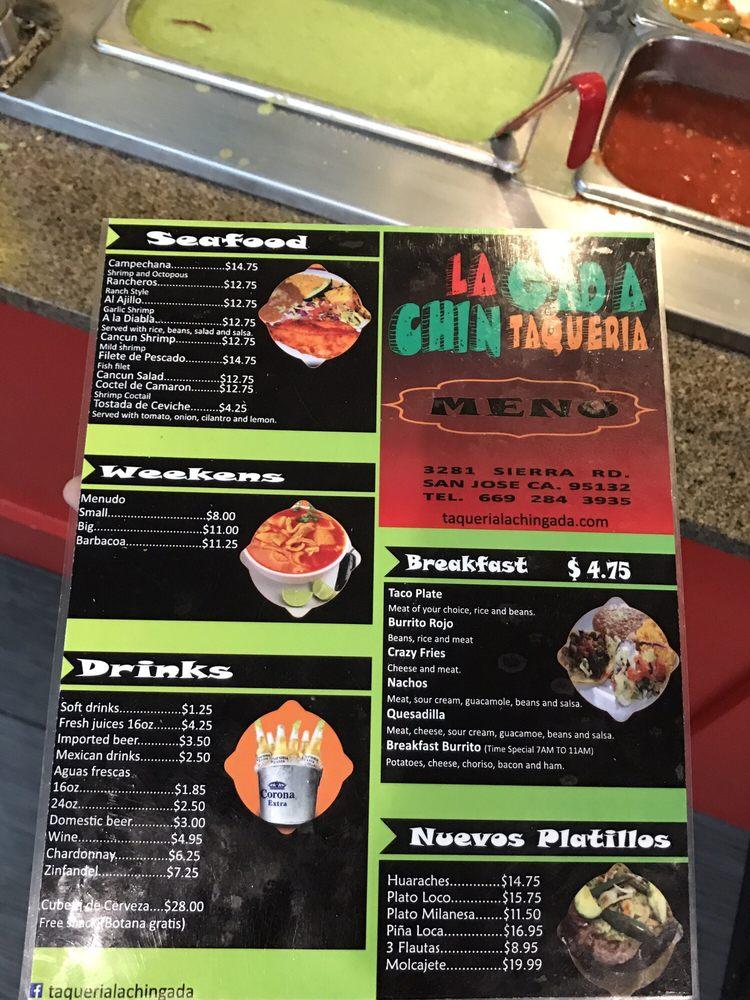 Menu at La Chingada Taqueria restaurant, San Jose