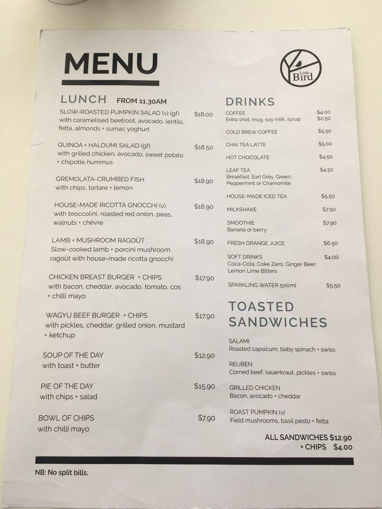 Menu at Little Bird cafe, Barton