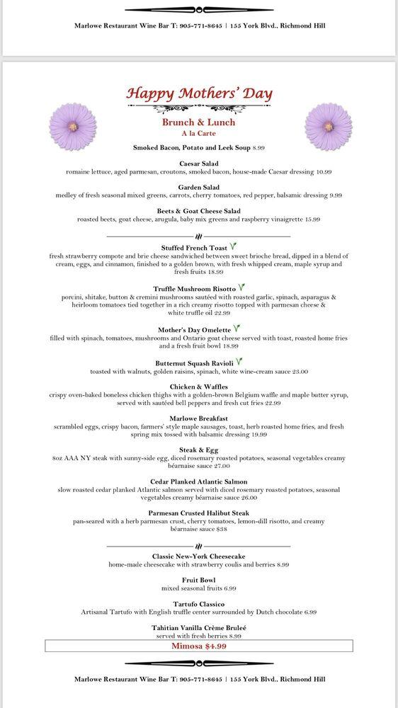 Menu at Marlowe Restaurant & Bar, Richmond Hill