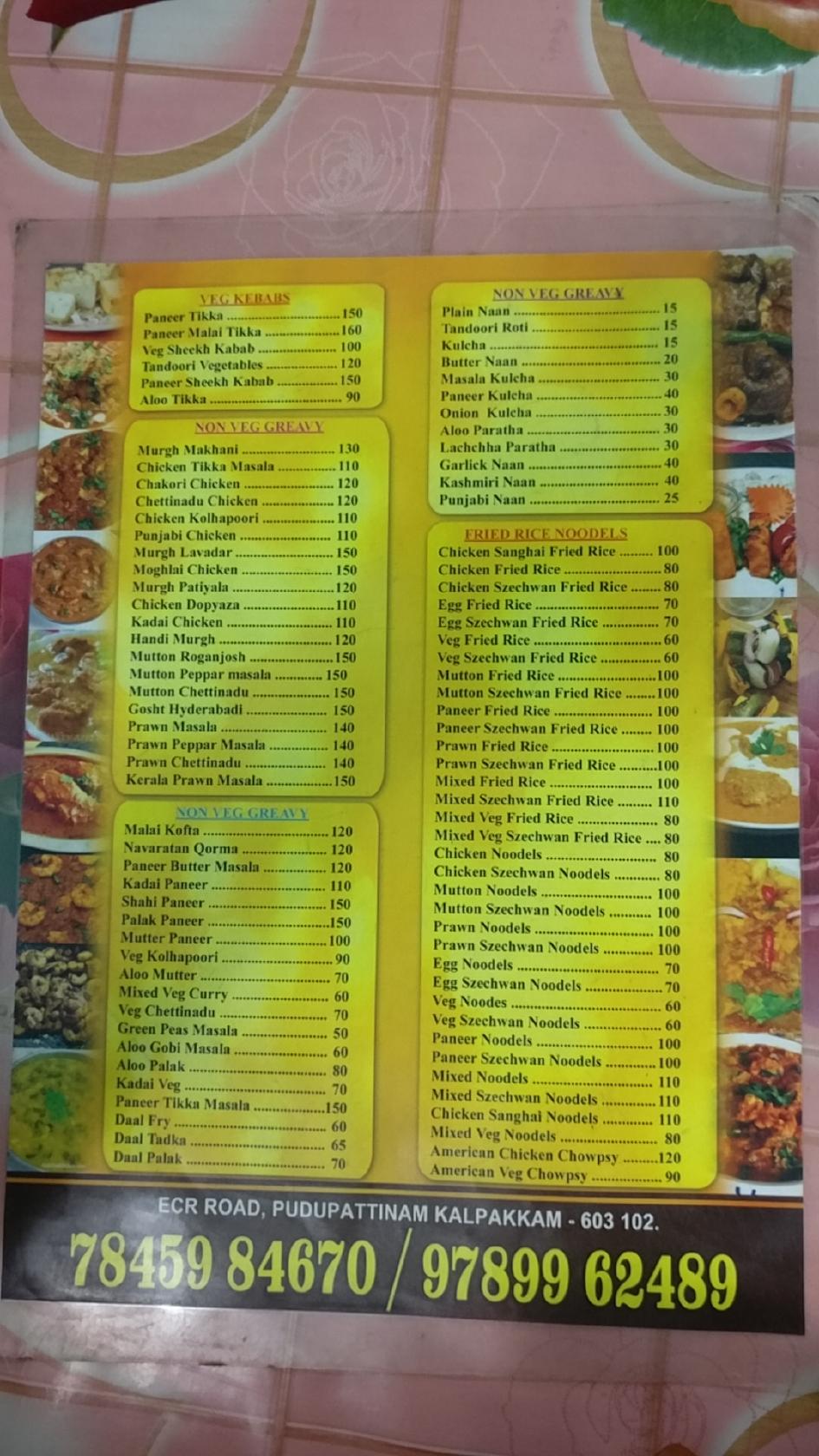 Menu at Shahi Darbar, Kalpakkam