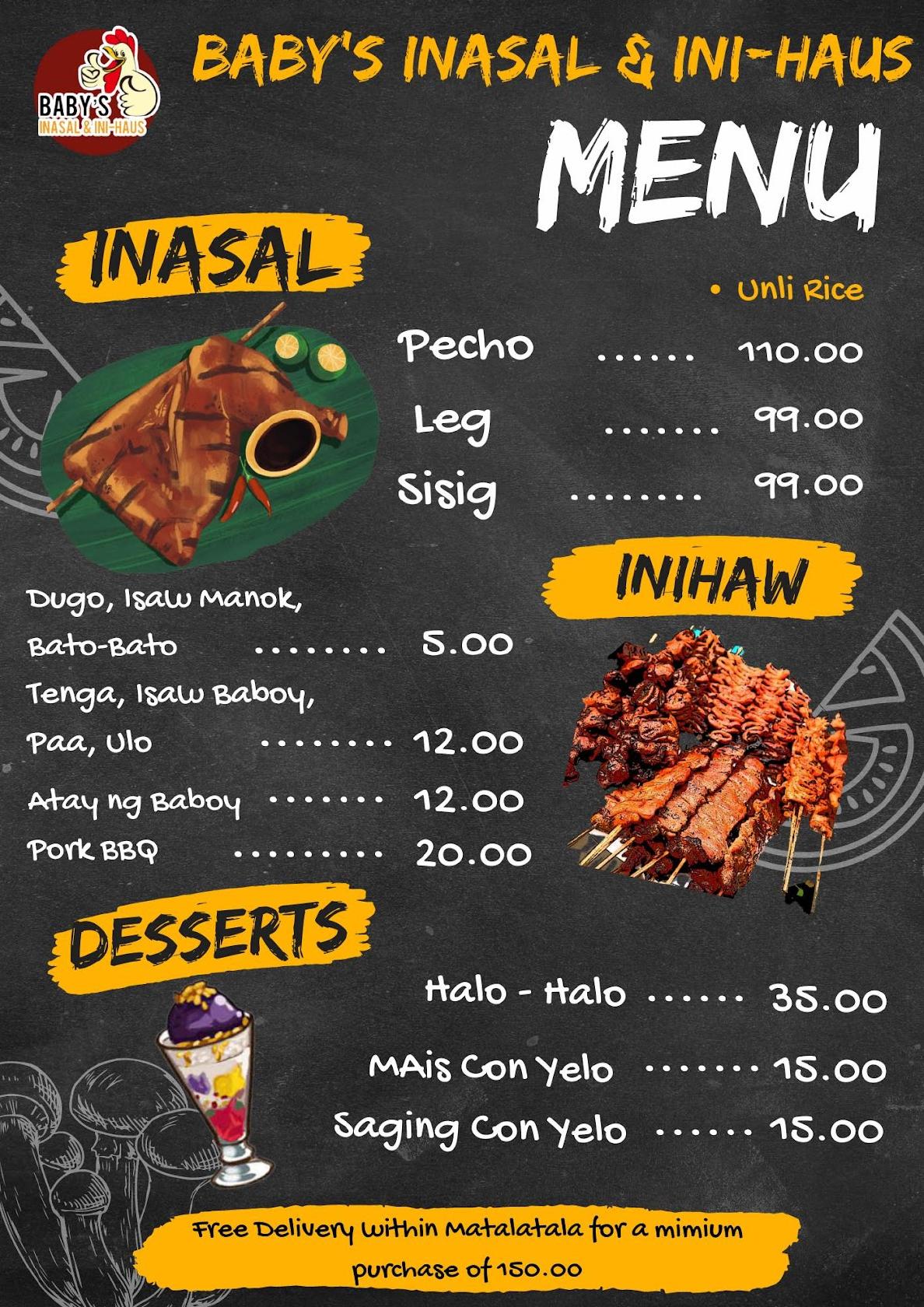 Menu at Baby's Inasal and Ini-Haus restaurant, Mabitac