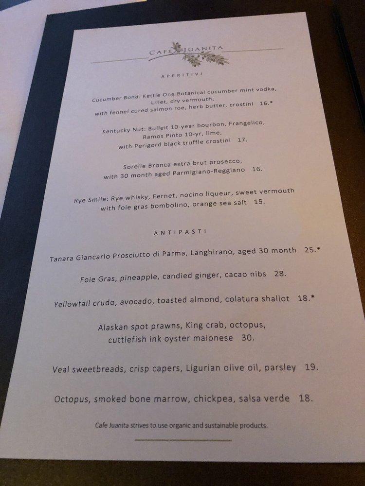 Menu at Cafe Juanita, Kirkland