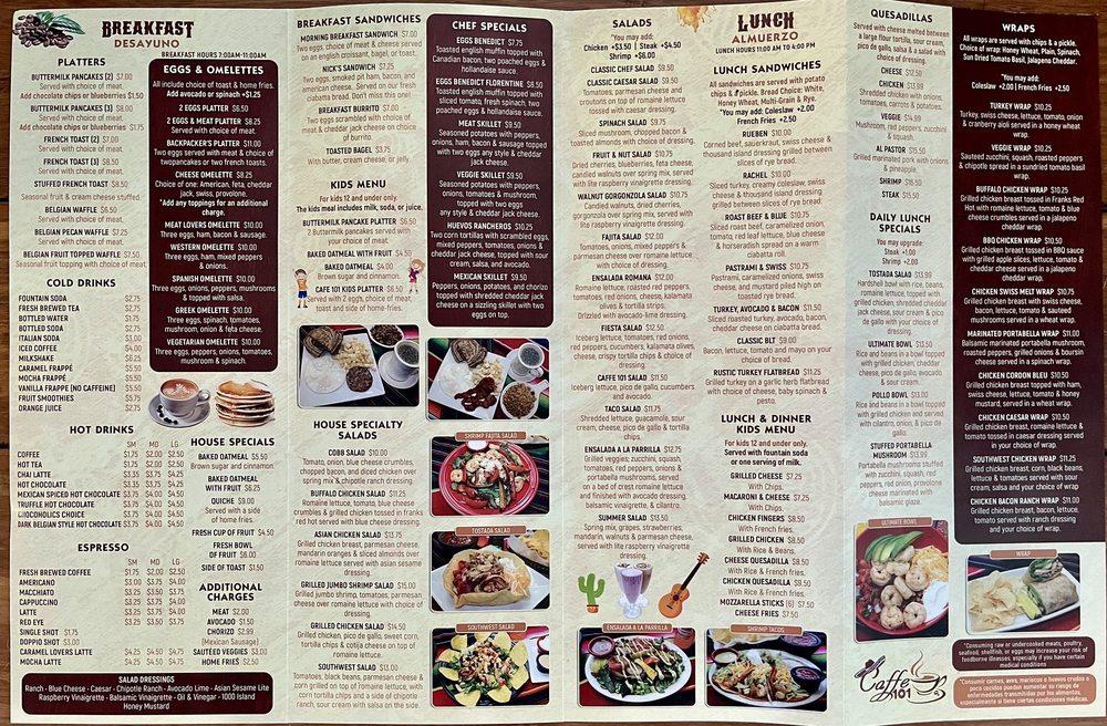 Menu at Caffe 101 cafe, Boiling Springs, 101 Front St