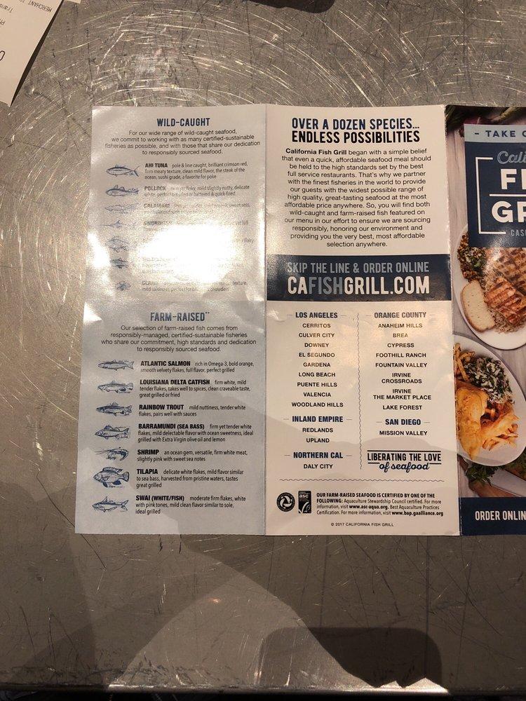 Menu at California Fish Grill restaurant, Daly City, 153C Serramonte Center
