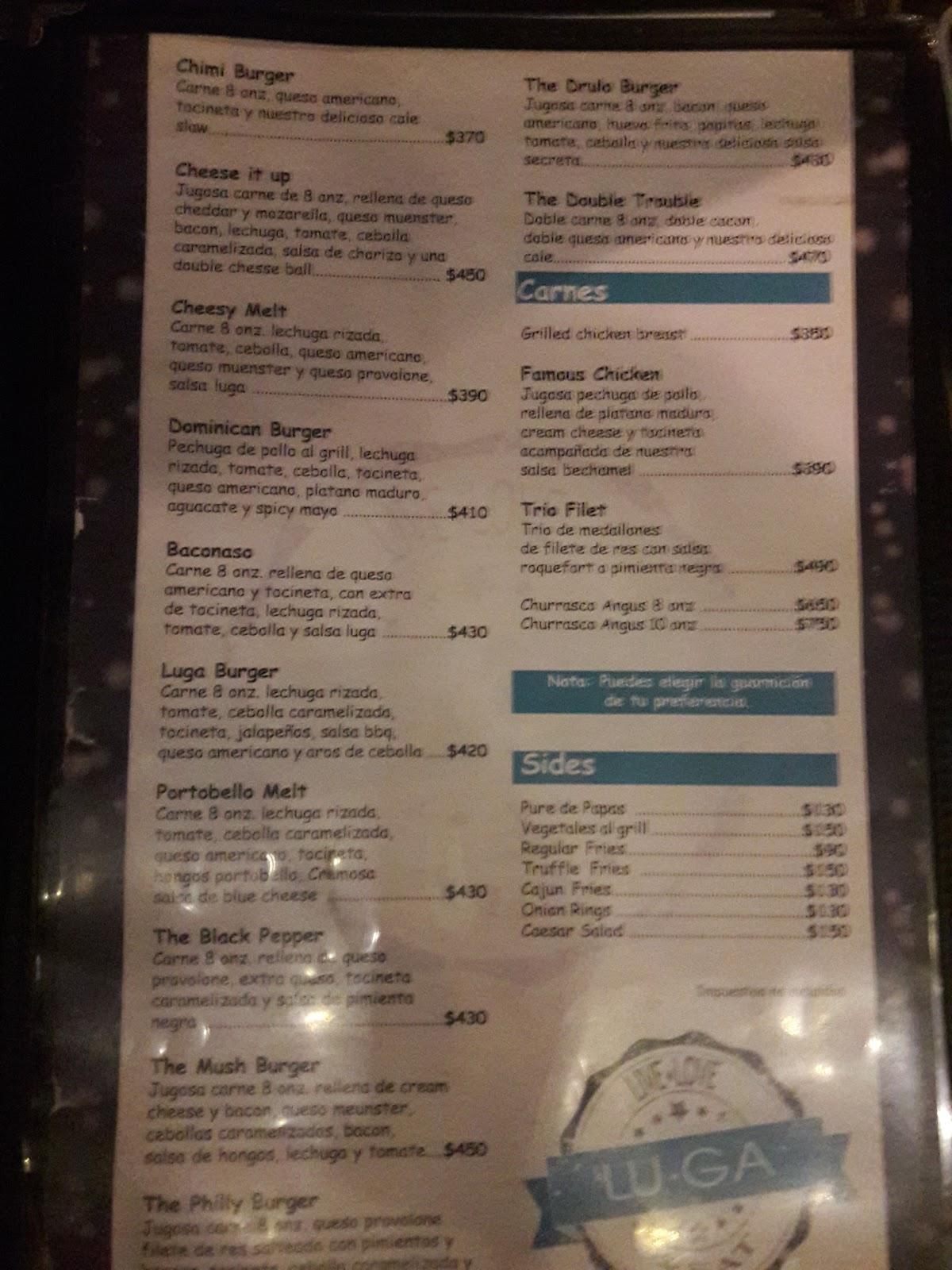 Menu at Lu•Ga restaurant, Santo Domingo