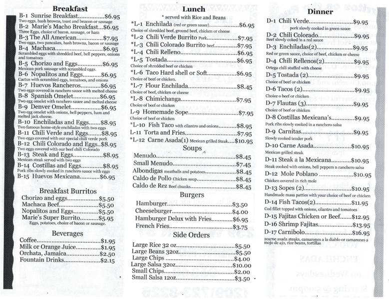 Menu at Marie's Mexican Kitchen restaurant, Merced