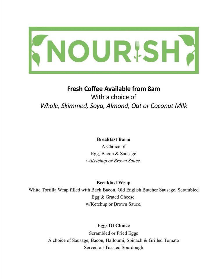 Menu at Nourish cafe, Wilmslow