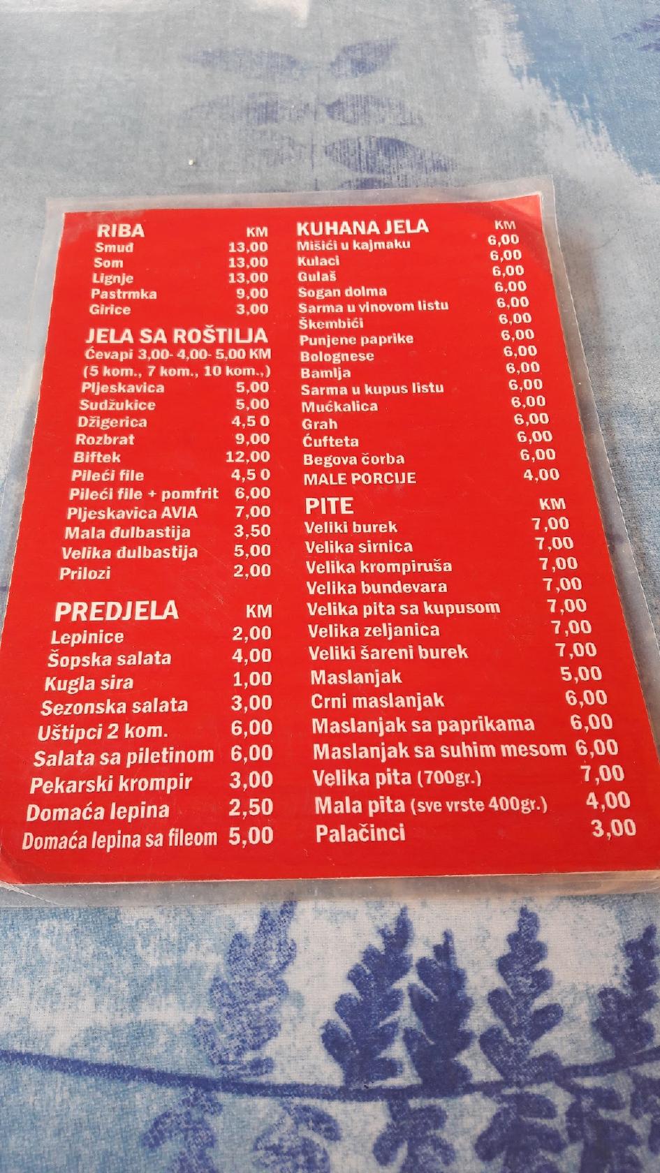 Menu at Restoran Avia restaurant, Brčko