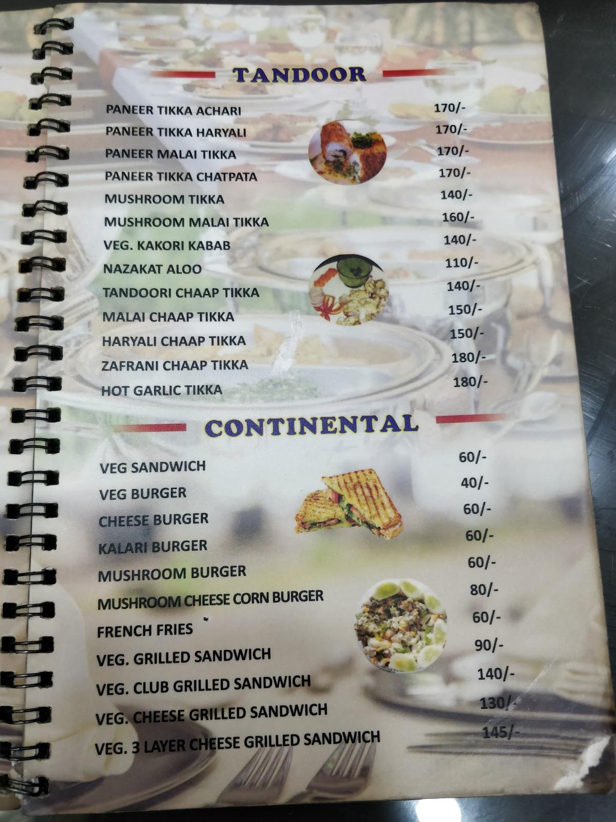 Menu at Shree Satguru Bakers, India