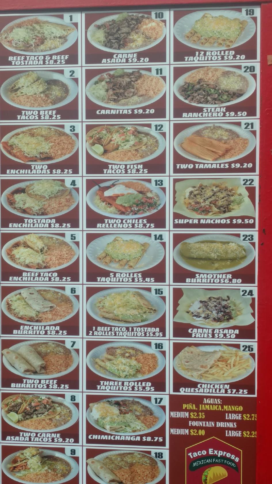 Menu at Taco Express restaurant, Colorado Springs, Centennial Blvd