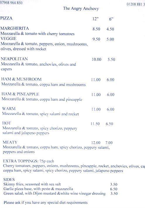 Carta de pizzería The Angry Anchovy, Port Isaac