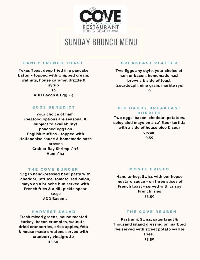 Menu at The Cove Restaurant, Long Beach