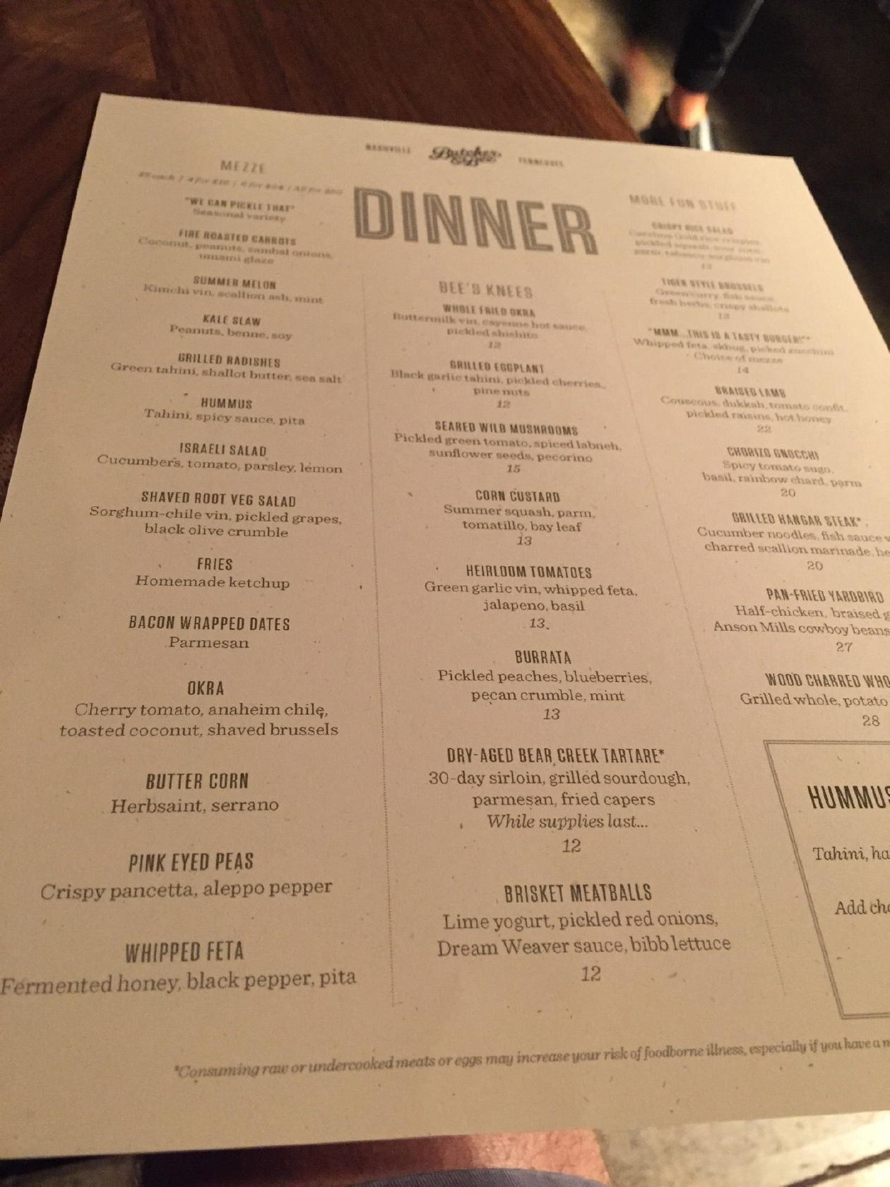 Menu at Butcher & Bee restaurant, Nashville
