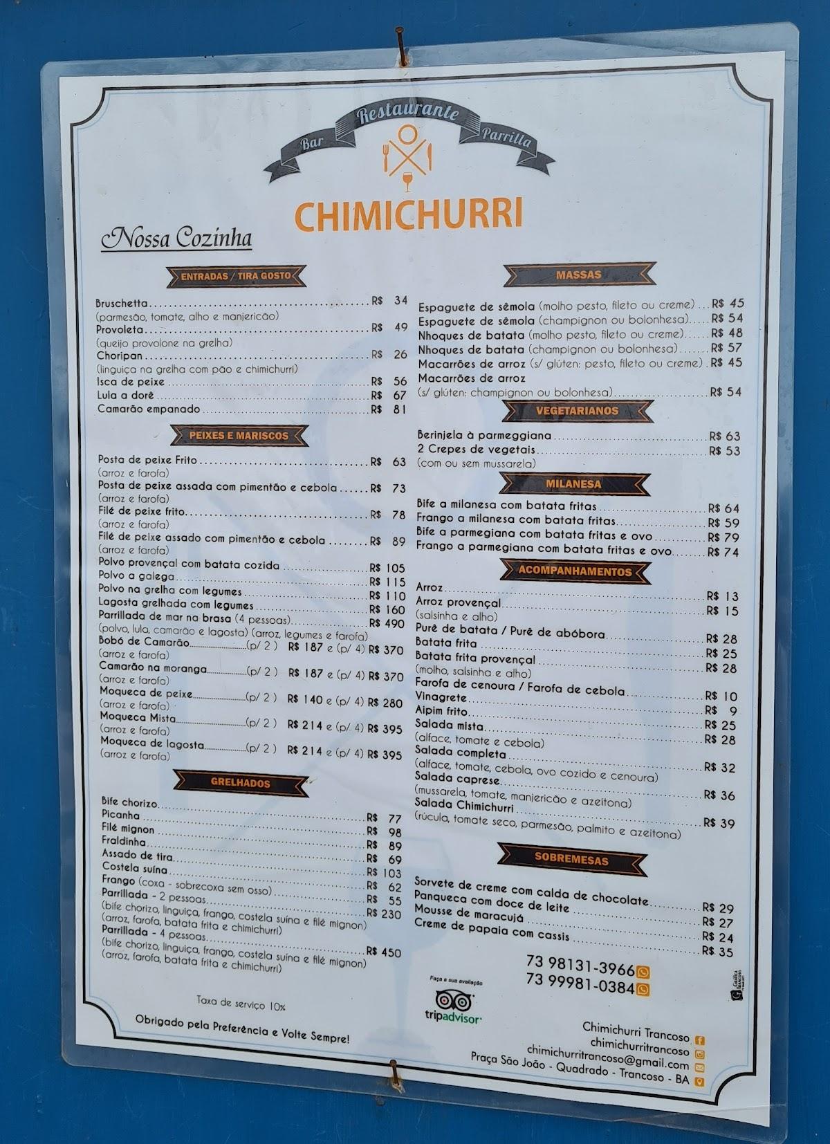 Carta del restaurante Chimichurri, Trancoso