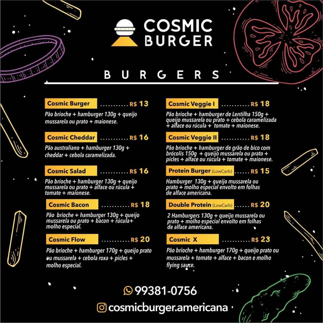 Menu at Cosmic Burger restaurant, Americana