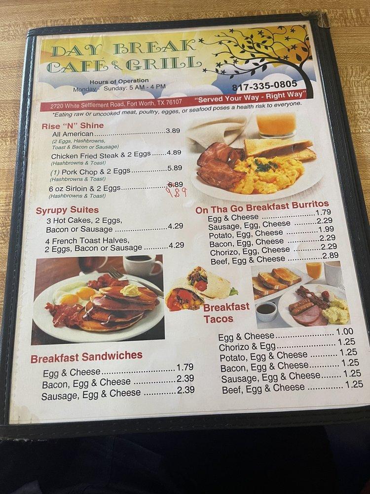 Menu at Daybreak Cafe & Grill, Fort Worth