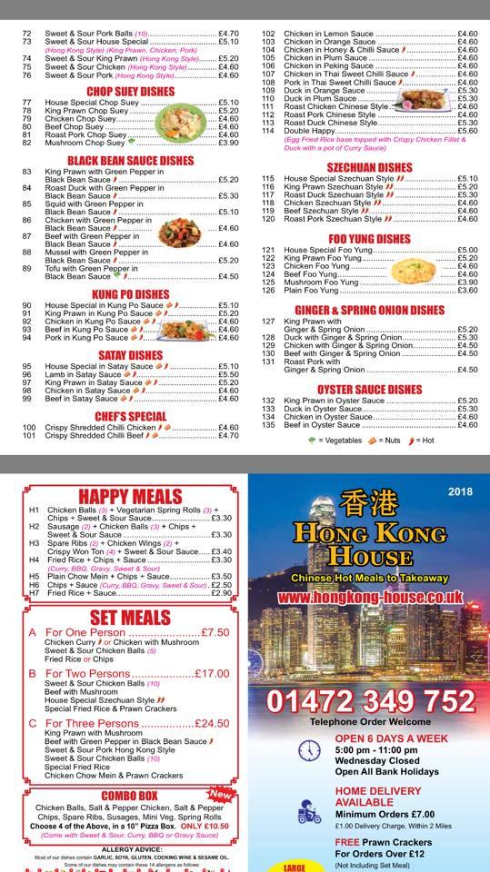 Menu at Hong Kong House fast food, Grimsby