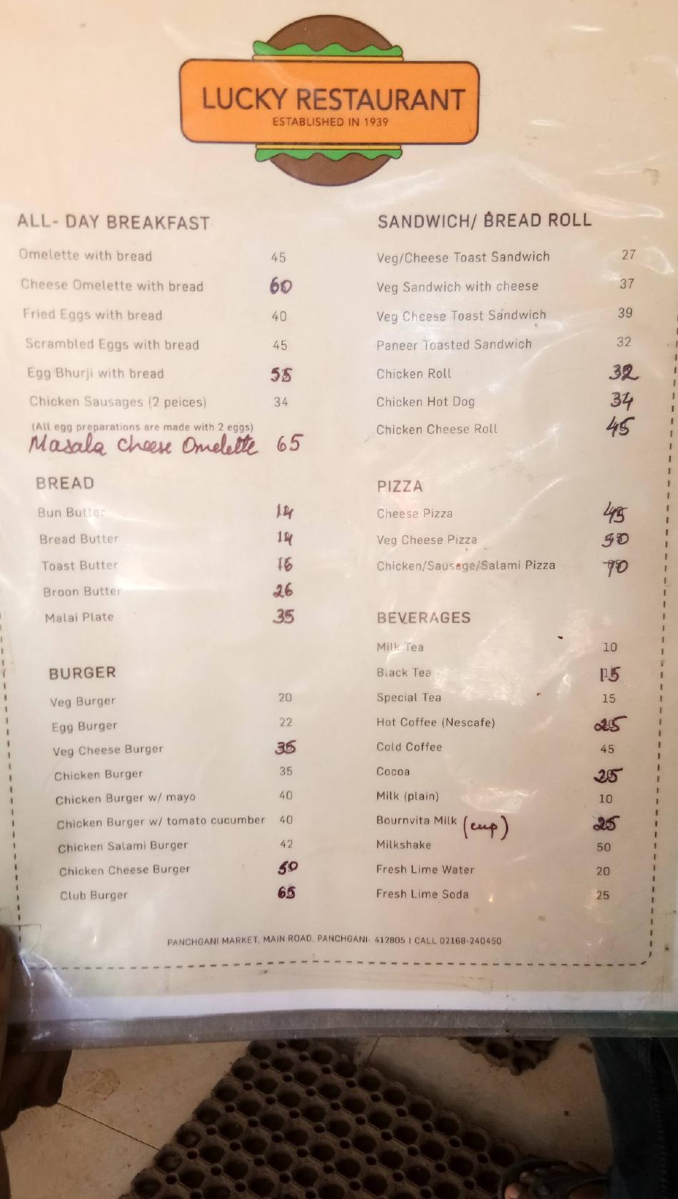 Menu at Lucky Cafe And Bakery, Panchgani