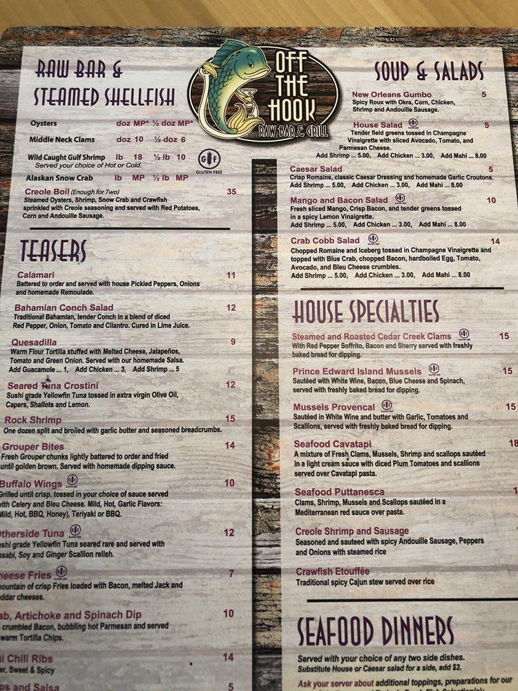 Menu at Off the Hook Raw Bar & Grill, New Smyrna Beach