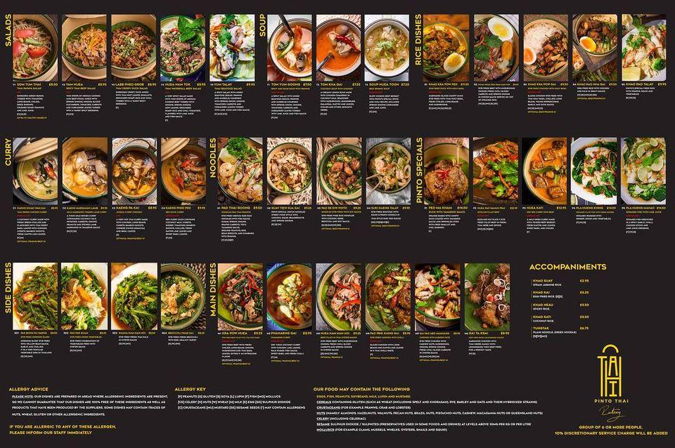 Menu at Pinto Thai restaurant, London