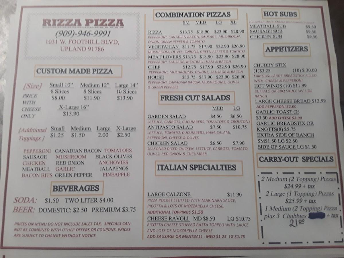 Menu at RIZZA PIZZA pizzeria, Upland