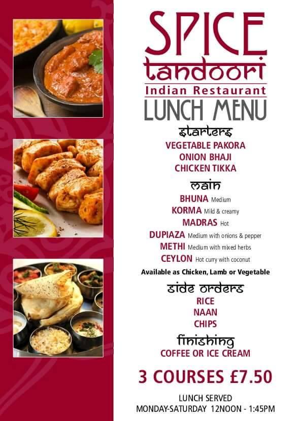 Menu at Spice Tandoori restaurant, Elgin