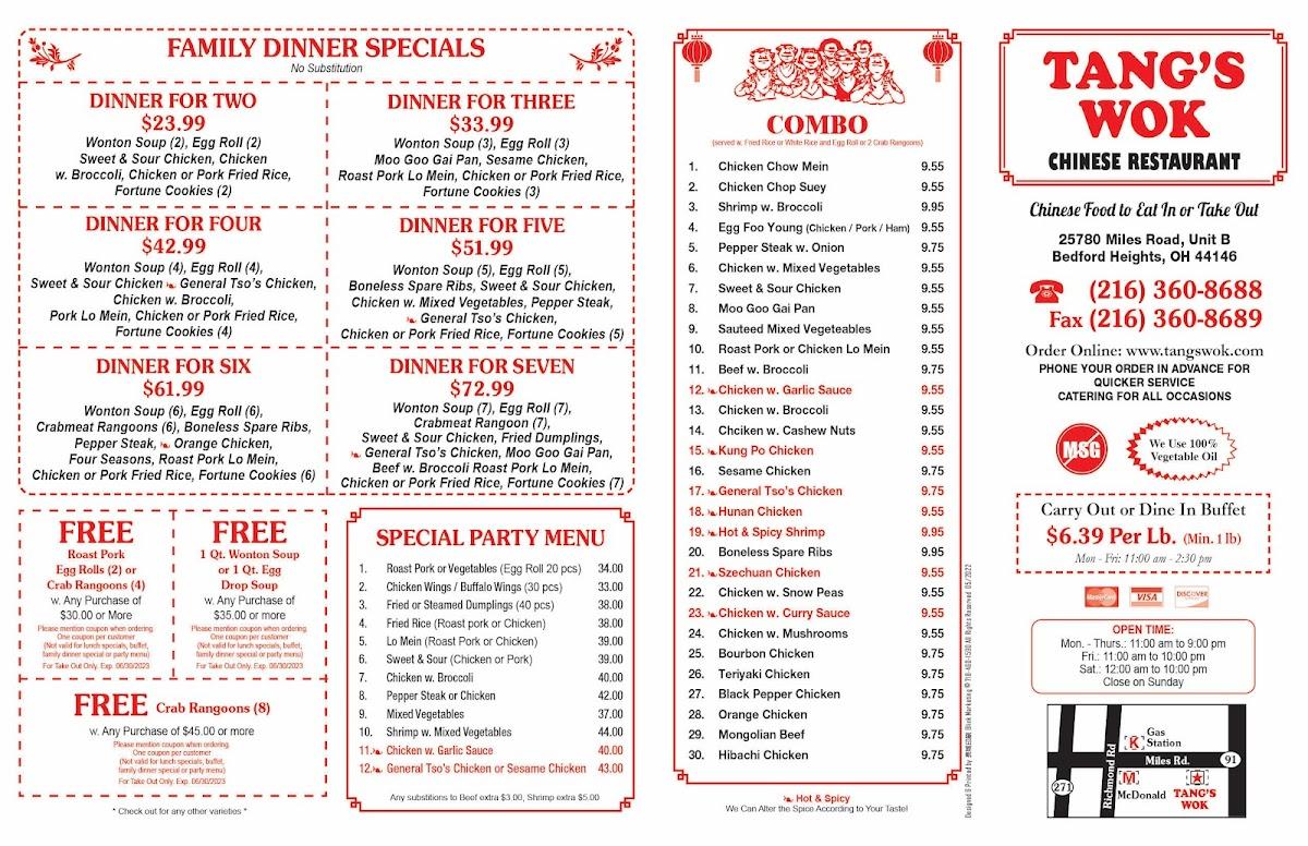 Menu at Tang's Wok restaurant, Cleveland, Miles Rd