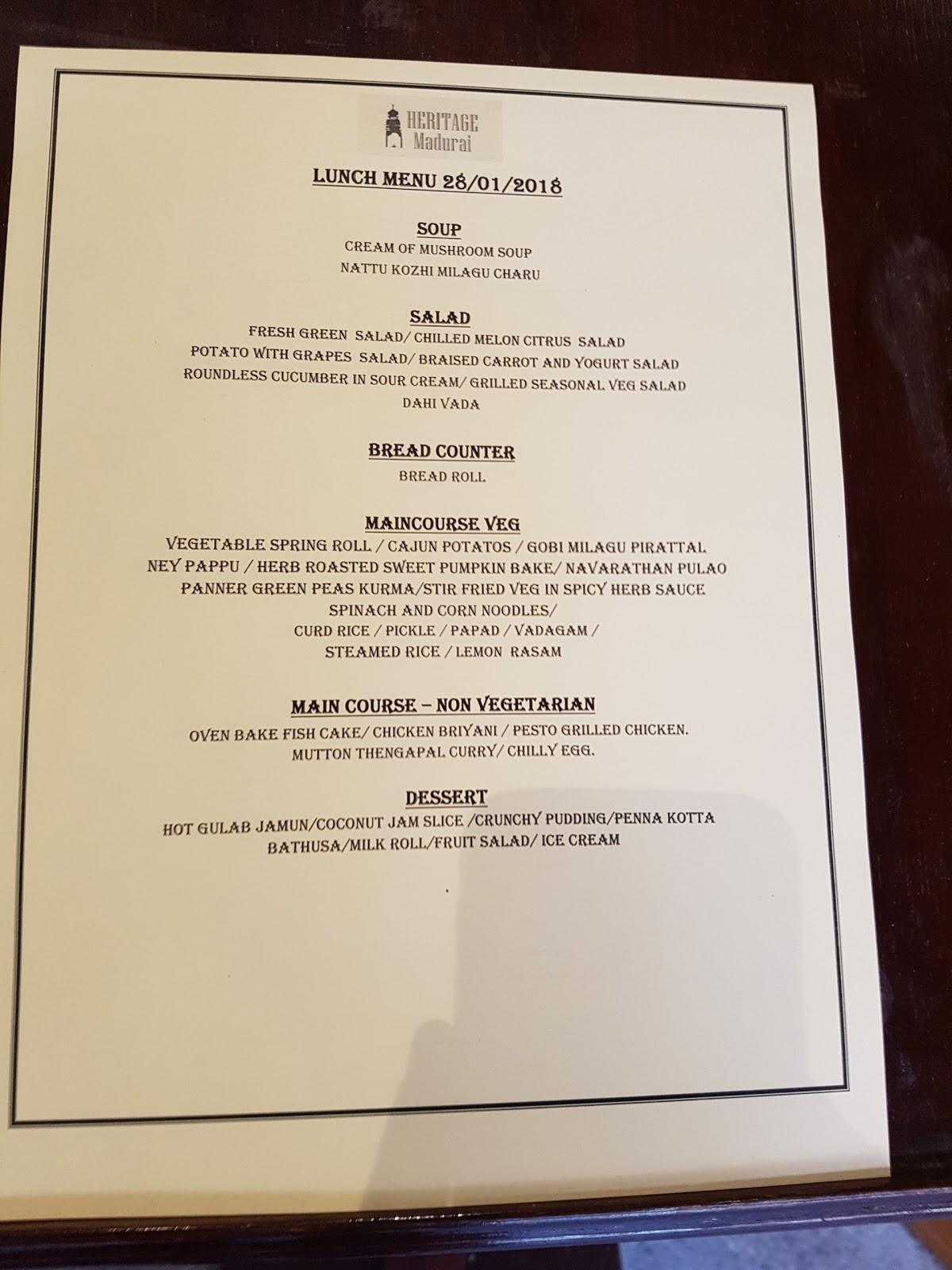 Menu at The Banyan Restaurant, Madurai