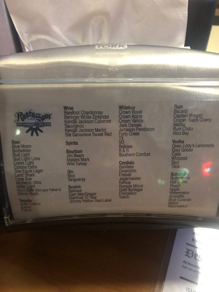 Menu at The Rusty Spur Steakhouse & Saloon, Vernon
