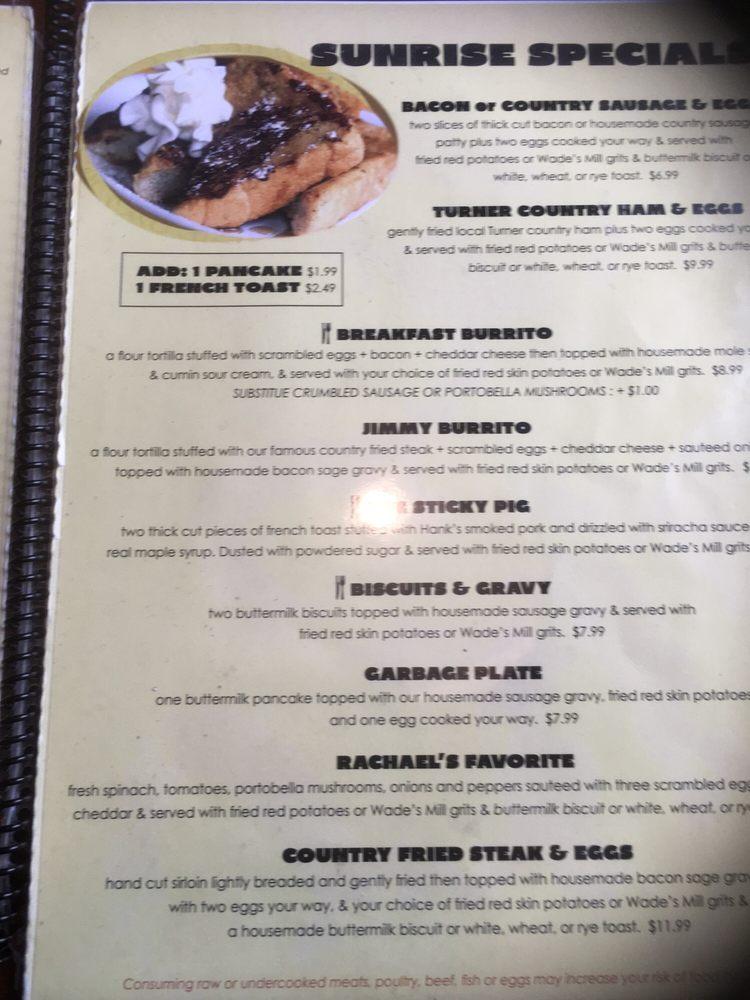 Menu at Thunderbird Cafe, McGaheysville