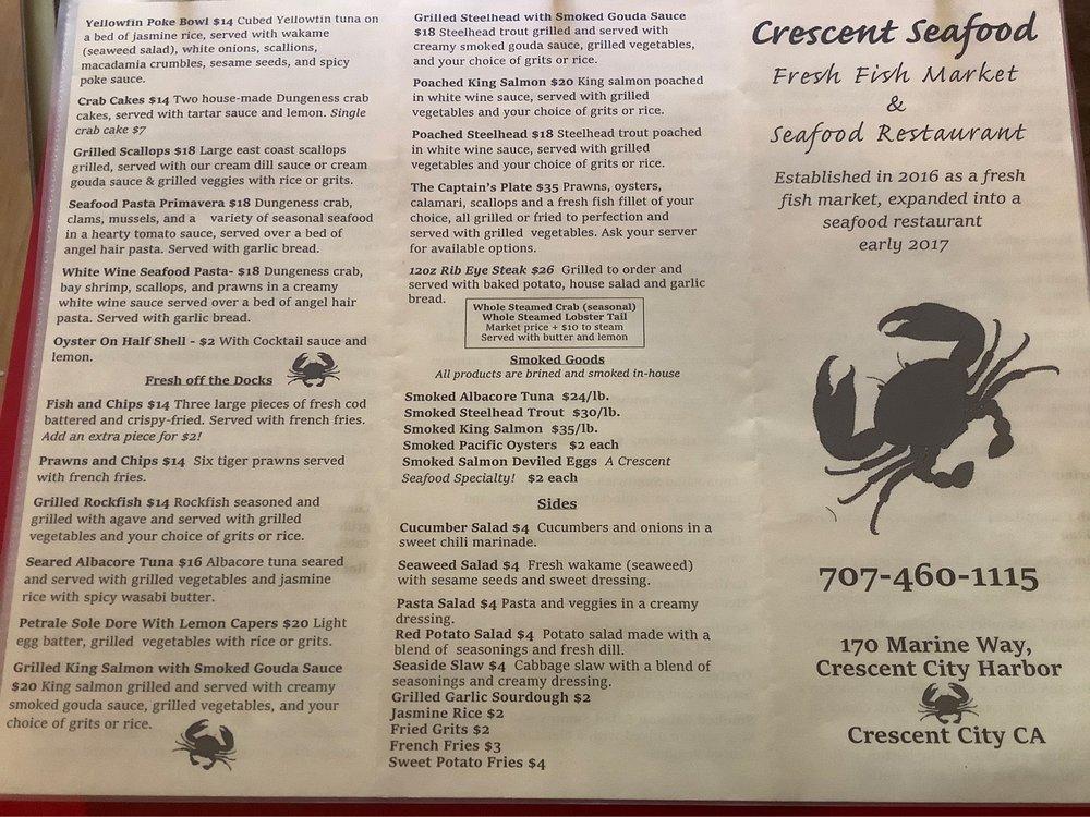 Menu at Crescent Seafood restaurant, Crescent City