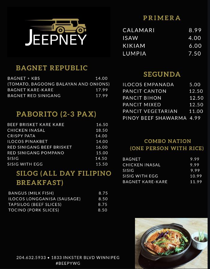 Menu at Jeepney Winnipeg Restaurant, Winnipeg, Inkster Blvd