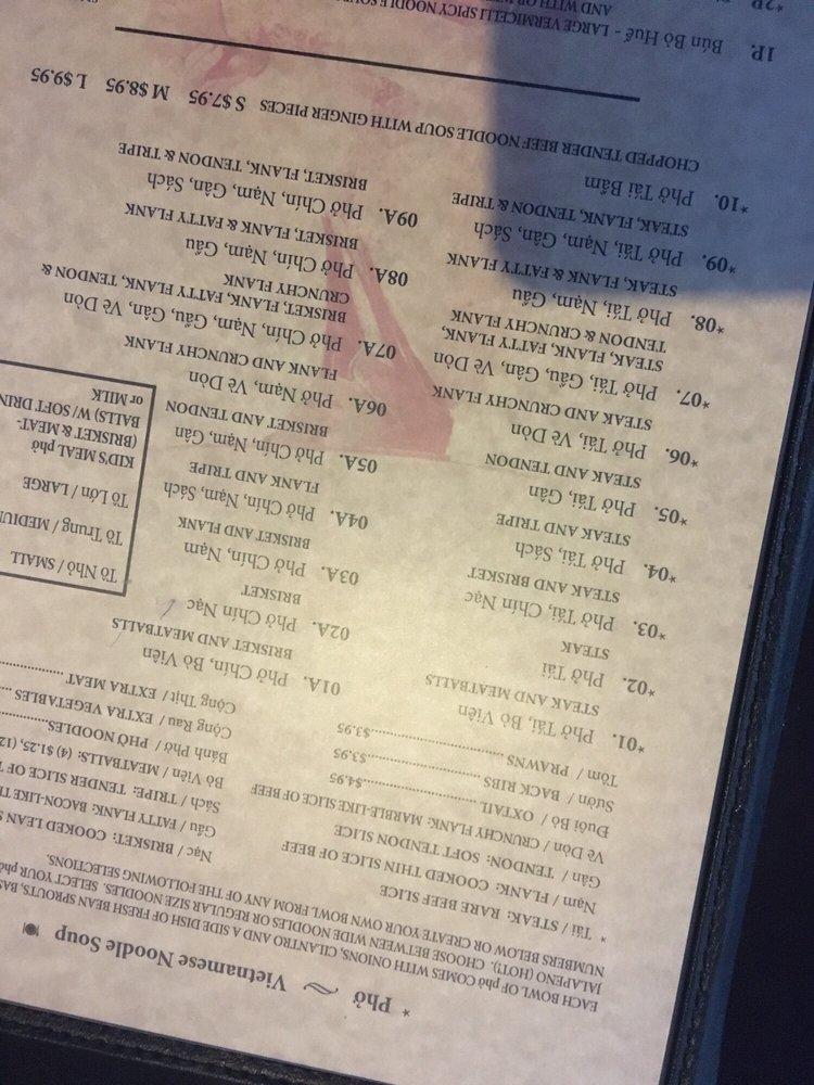 Menu at Pasteur's Noodle Soup restaurant, Everett