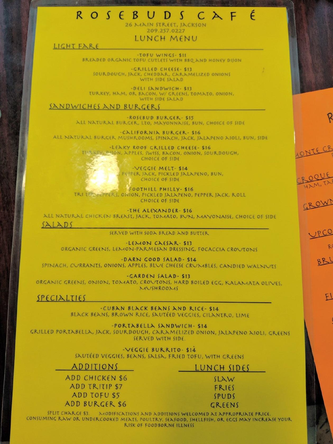 Menu at Rosebud's Cafe, Jackson