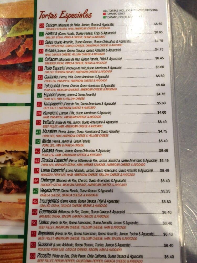 Menu at Tortas Sinaloa restaurant, Ontario