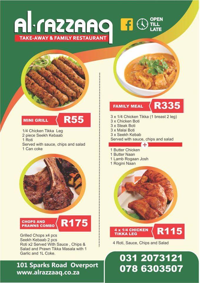 Menu at Al Razzaaq restaurant, Durban, 101 Sparks Rd