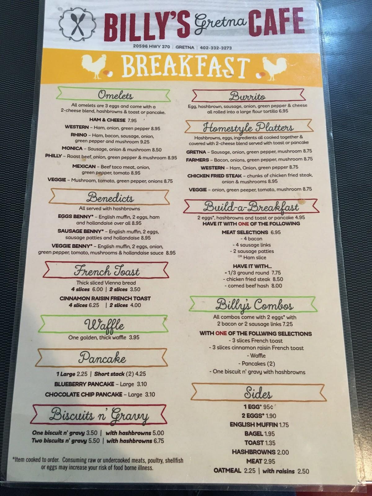 Menu at Billy's Gretna Cafe, Gretna