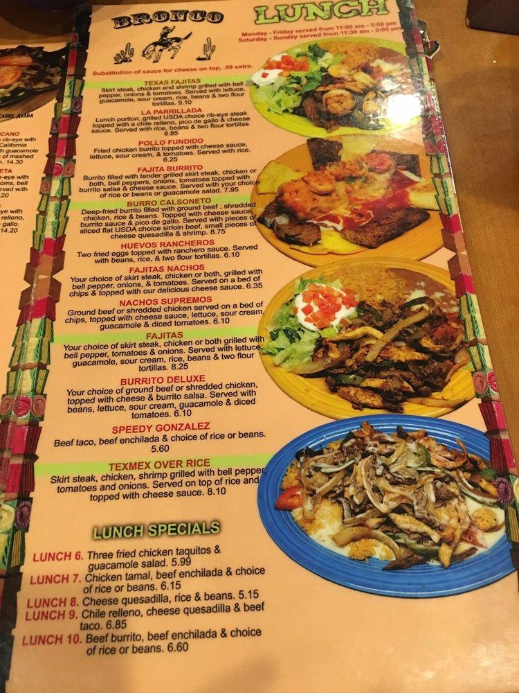 Menu at Bronco Mexican Restaurant, Spartanburg, Union St