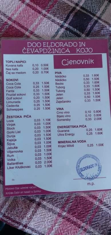 Menu at Cevabdzinica Kojo restaurant, Kolasin