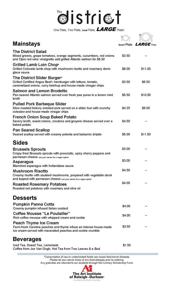 Menu at District at 410 restaurant, Durham