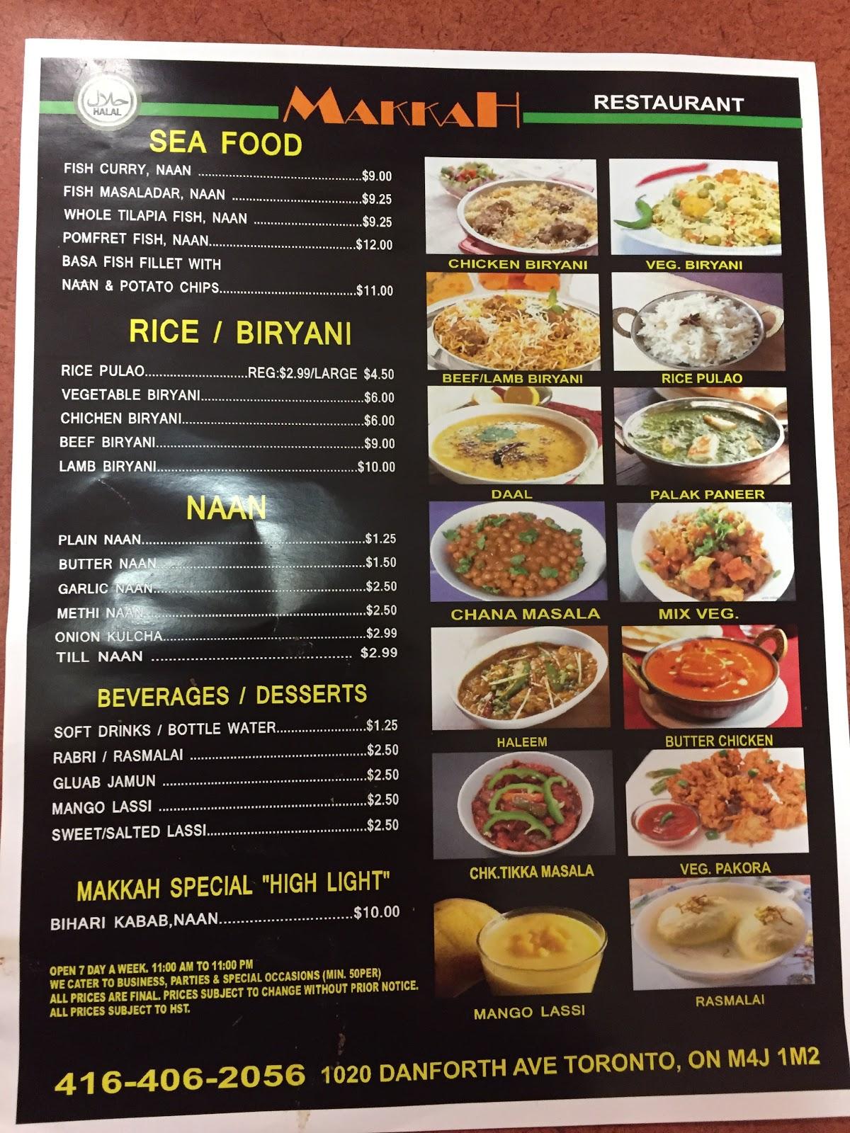 Menu at Makkah Restaurant, Toronto, 1020 Danforth Ave