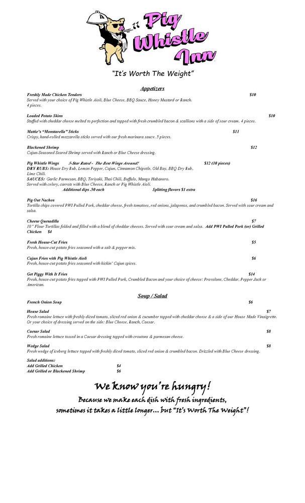 Menu at Pig Whistle Inn restaurant, Newton