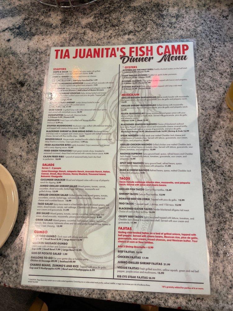 Menu at Tia Juanita’s Fish Camp restaurant, Orange